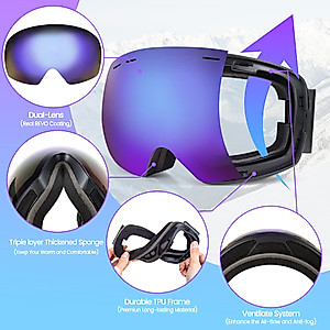SHUOLIYAN Ski Goggles - With Ski Mask, Anti-Fog Snow Goggles, UV Protection OTG Snowboard Goggles For Men Women （Purple Lens）