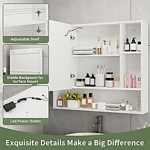 SOOWERY Medicine Cabinet Mirror with Led Light 27.5" W x 24.3" H Lighted Vanity Mirror Wall Mounted Bathroom Storage Cabinet with Single Door Surface Farmhouse Bathroom Cabinets White