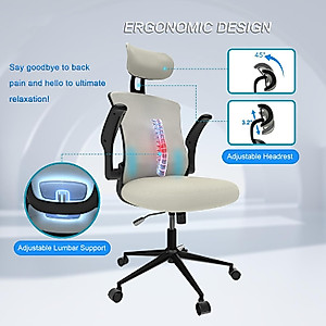 Ergonomic Office Chair, Mesh Desk Office Chair with Adjustable Headrest & Lumbar Support, High Back Task Computer Chair with Flip-up Armrests, Executive Chair for Home Office (Grey)