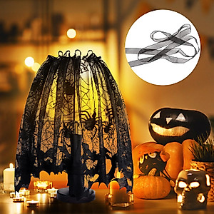 5Pack Halloween Decorations Indoor Halloween Decor Black Lace Table Runner Fireplace Mantel Scarf Round Tablecloth Cobweb Lampshade with 32 Pcs 3D Bat Wall Stickers