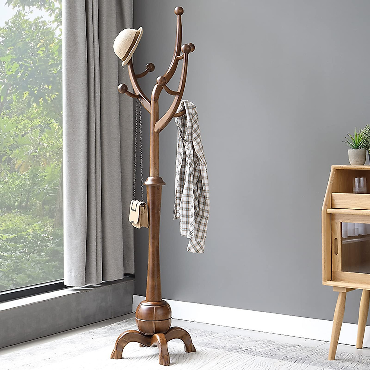 Coat Rack Freestanding Wood Coat Tree Rack with 8 Hooks, Creative Design Tree Branch-look, Standing Coat Rack Clothes Hanger Stand with Stury Base for Entryway, Hallway, Bedroom - Load 160lb (Walnut)