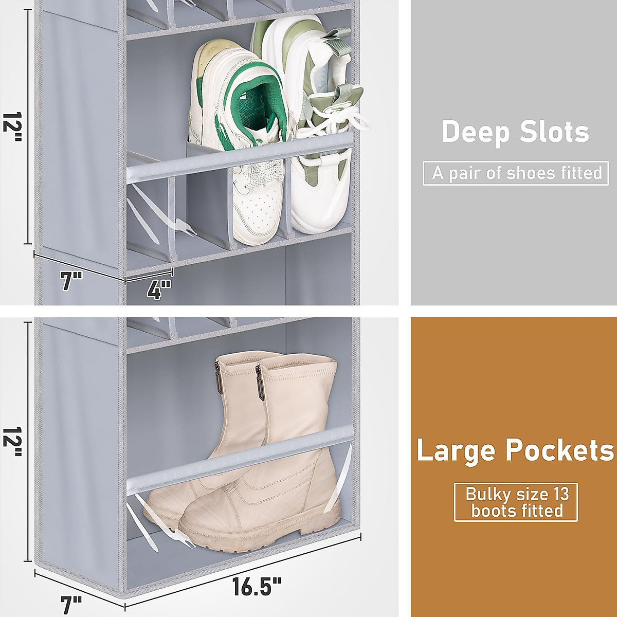 MISSLO 20 Pairs Over The Door Shoe Organizer for Closet Narrow Hanging Shoe Rack for Door Hanger Deep Pocket Door Shoe Holder Storage for Boots, Size 13 Sneakers, Grey