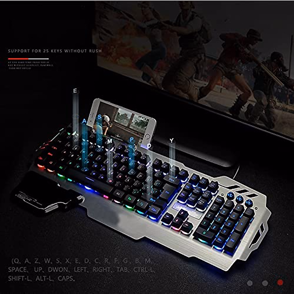 MUMUJJ Computer Gaming Mechanical Keyboard, 7-Color Rainbow Backlit Effect, with Mobile Phone Holder, Multimedia Shortcuts, Black