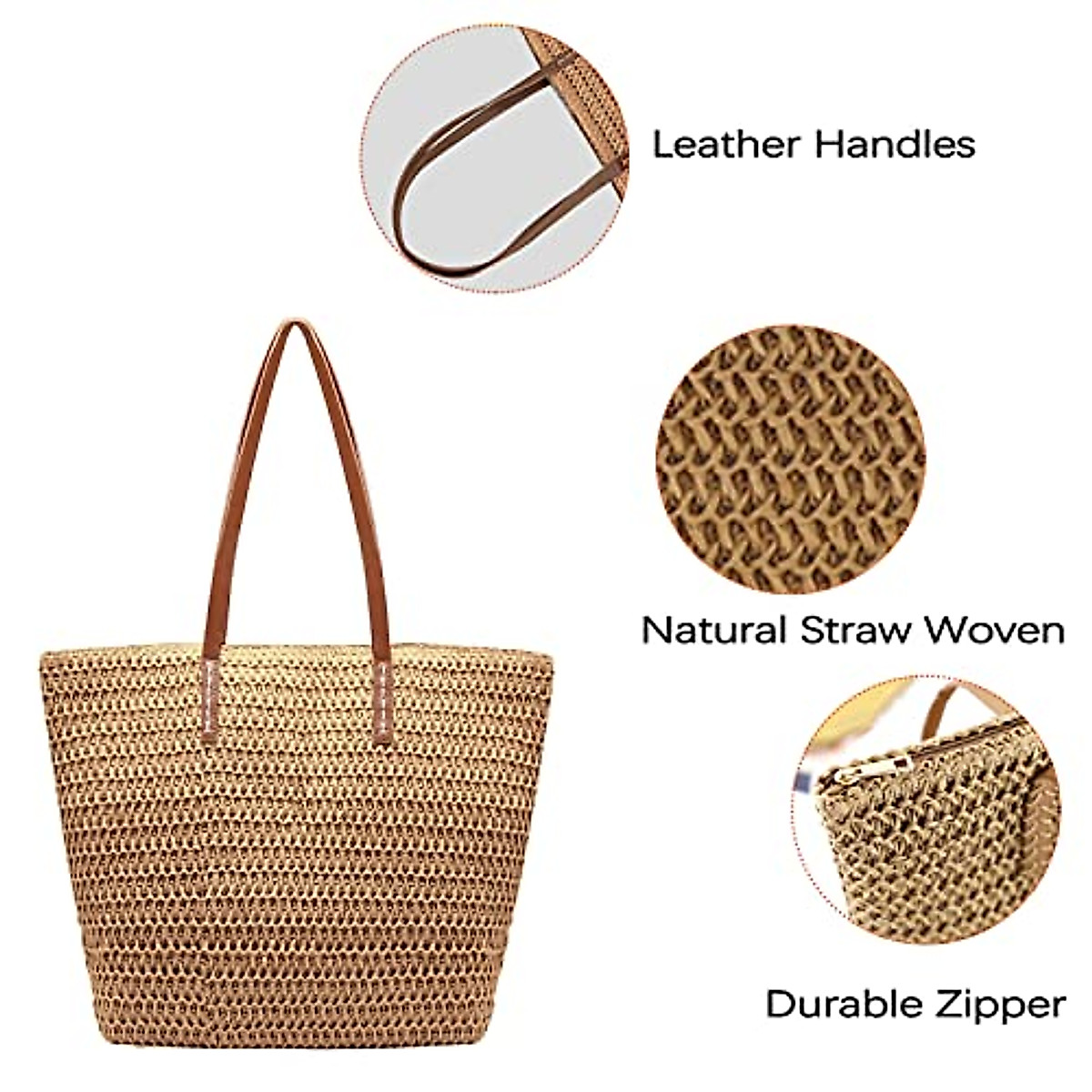 Crbeqabe Straw Beach Tote Bag for Women Large Woven Shoulder Handbag Straw Bag for Summer Beach Vocation