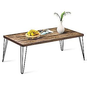 Giantex Rustic Coffee Table w/Wooden Top & Metal Hairpin Legs, 44" Large Rectangle Sofa Table w/Spray Paint, Industrial Style, Boho Wooden Table for Living Room, Reception Room, Home Office (Walnut)