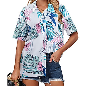 ASTANFY Hawaiian Shirt Women Hawaii T-Shirt Tropical Floral Printed V Neck Shirts Soft Cool Summer Beach Button Up Blouse Green