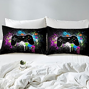 Manfei Modern Gamer Duvet Cover Set Twin Size, Black Gamepad Controller Comforter Cover with 1 Pillowcase, Video Games Bedding Set 2pcs for Kids Boy Children Room Decor Teens Gaming Bedspread Cover