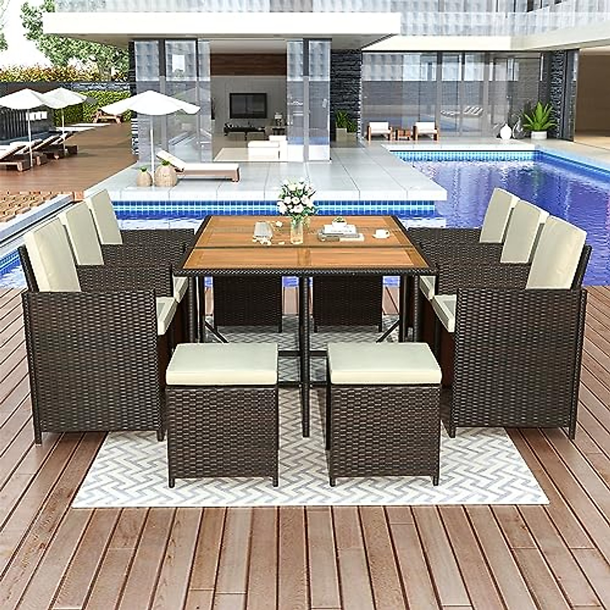 Merax 11-Piece Patio Furniture Set, All-Weather PE Wicker Dining Table Set with Wood Tabletop, Foldable 6 Chairs and 4 Stools, Space-Saving Design, Brown Rattan Beige Cushions Zippered