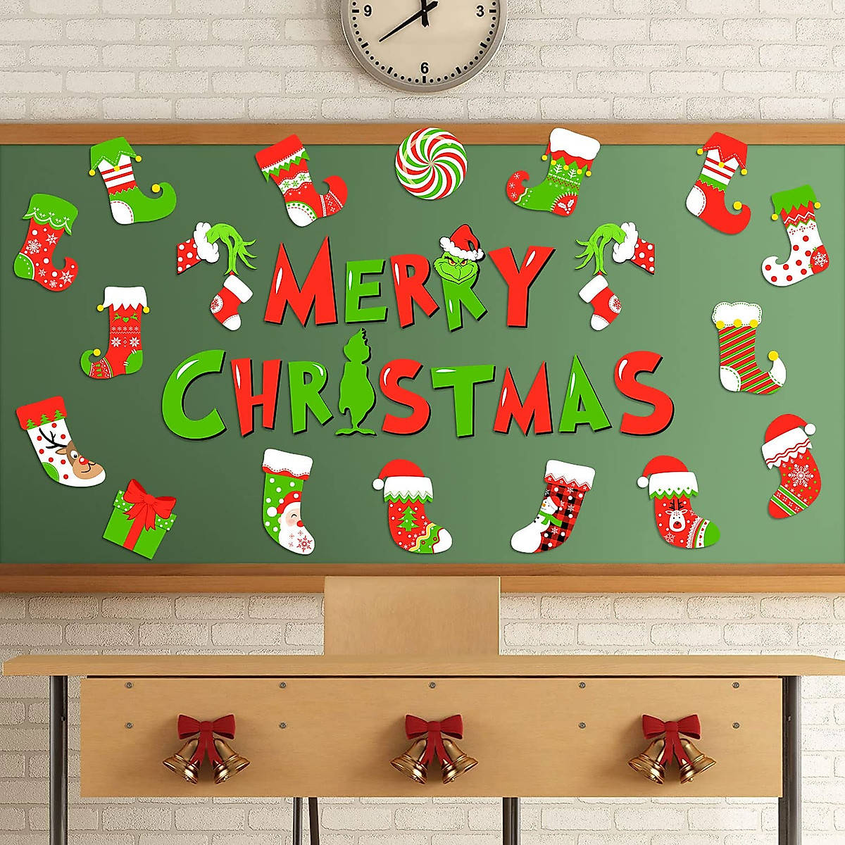 Christmas Stocking Cutouts Bulletin Board Decorations Set, Grinch Merry Christmas Letters, Whoville Christmas Party Supplies for Toddler Kid’s Room Students, Xmas School Holiday Classroom Decor