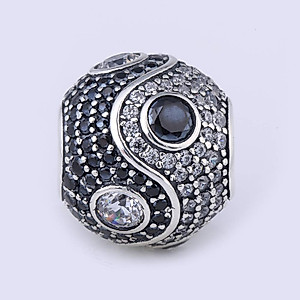 Yin Yang Charms 925 Sterling Silver Chinese Tai Chi Charm with Stone Fits Pandora European Bracelet (Round)