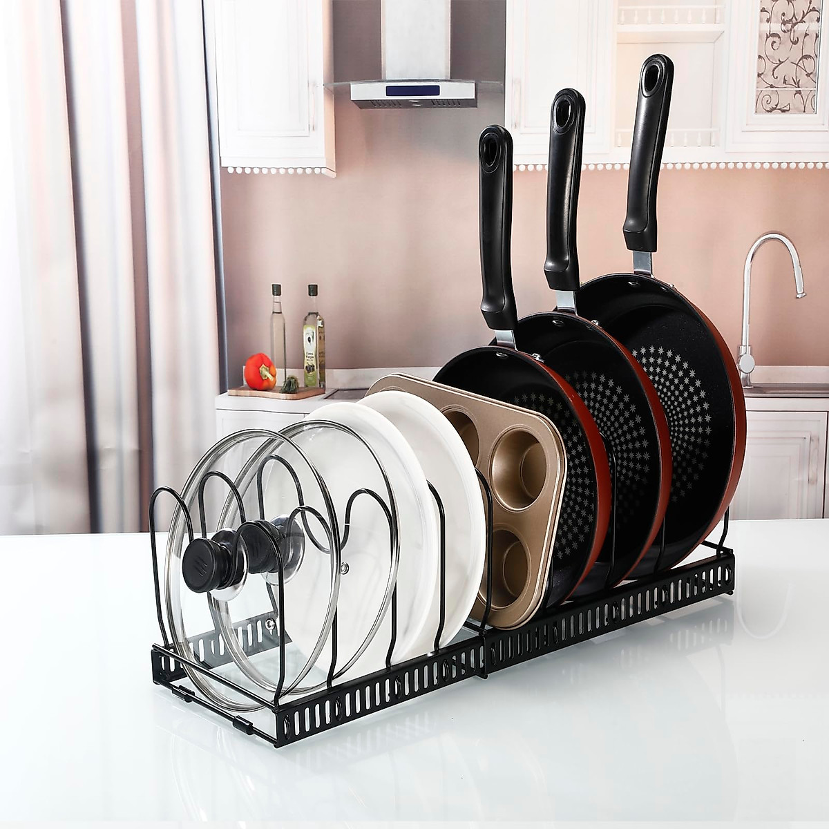 Mr Rabbi Pots and Pans Organizer Rack For Cabinet, 2 Pack Pot Lid Organizers, Or 1 Expandable Pot Rack For Kitchen Cabinet Pantry Bakeware Lid Holder with 10 Adjustable Compartments