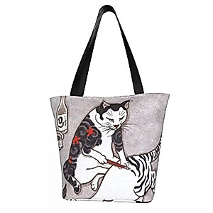 WYKD Women Canvas Bag Large Capacity Tote Funny Cats Printed Shoulder Bags Handbag Eco Cloth Fabric Shopping Bags for Girls