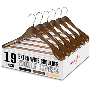 HOUSE DAY 19'' Extra Wide Shoulder Wooden Hangers 6 Pack, Premium Large Wood Suit Hangers with Non Slip Pant Holder, Wide Shoulder Hangers for Suits, Coats, Jackets, Heavy Wide Clothes Hanger, Walnut