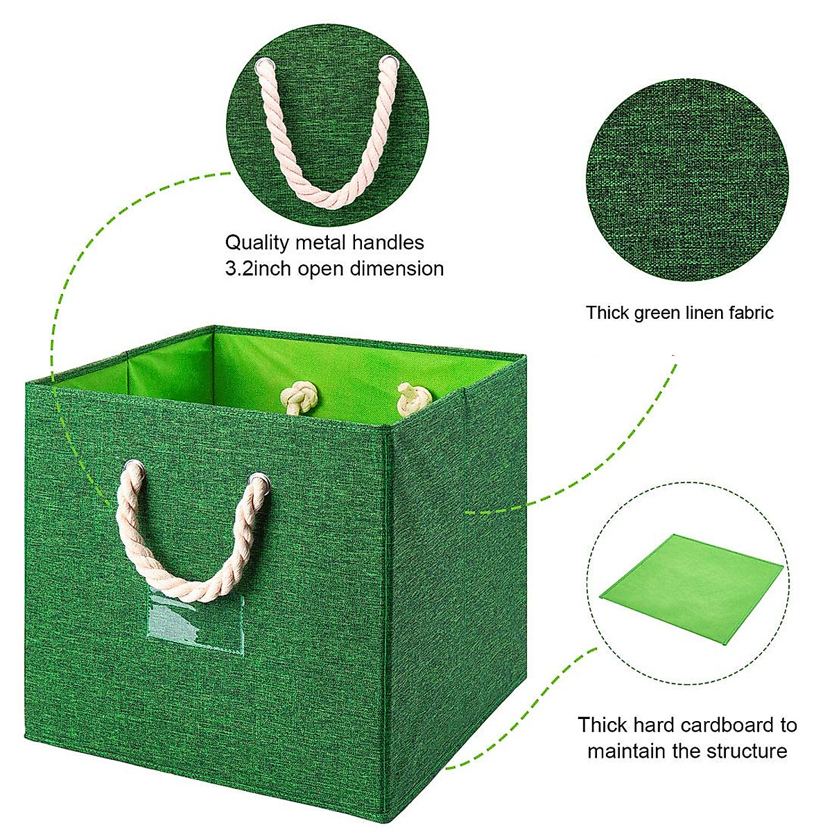 i BKGOO Foldable Storage Cube Bins,Green Linen Fabric Collapsible Resistant Basket Box Organizer with Cotton Rope Handle for Home Office and Nursery 13x13x13 inch