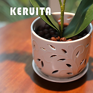 KERUITA Orchid Pots with Holes,6 inch + 5 inch Ceramic Planters Set of 2 with 2 Bottom Tray, Enhanced Drainage and Ventilation,White Flower Pots for Indoor/Outdoor Plants for Repotting