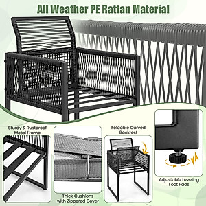 DORTALA Rattan Patio Furniture Set, 3-Piece Dining Set with Cushions, Tempered Glass Tabletop, Outdoor Wicker Small Chairs & Table Set for Backyard, Balcony, Poolside, Black