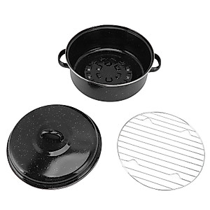 Covered Round Roaster, Non Stick Roasting Pan With Lid and Shelf, Speckled Black Large Capacity Multi Use Roaster Pan, Enamel Broiler Pan for Turkey, Meat, Vegetables, Sweet Potatoes, Chestnuts(26cm)