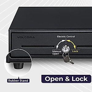 Volcora 13" Cash Register Drawer for Point of Sale (POS) System with Fully Removable 2 Tier Cash Tray, 4 Bill/5 Coin, 24V, RJ11/RJ12 Key-Lock, Double Media Slot, Small Square Money Drawer, Black