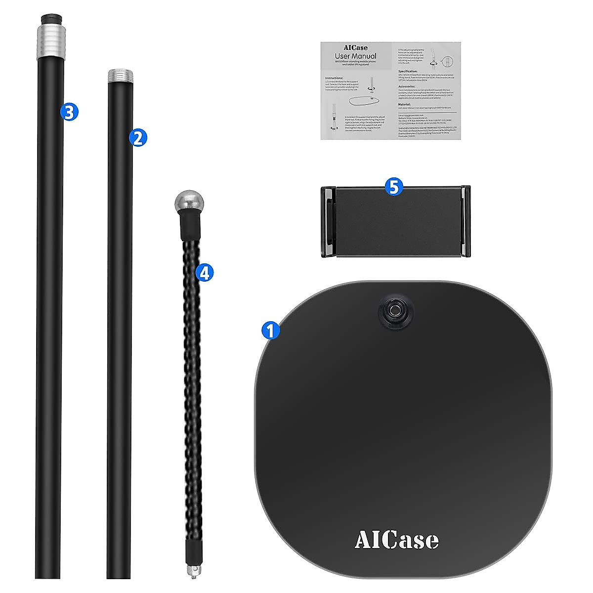 AICase Aluminium Adjustable Height Adjustable (91 cm - 137 cm) & 2.2 kg Stable Base with Gooseneck Compatible with iPad/Tablet from 4.6-13 Inches/Mobile Phone Holder Holder Floor Stand