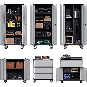 Garage Metal Storage Cabinet with Wheel for Home Garage/Adjustable Shelves, Lockable, Stiffener and Bumpers Design, Six Cabinets…