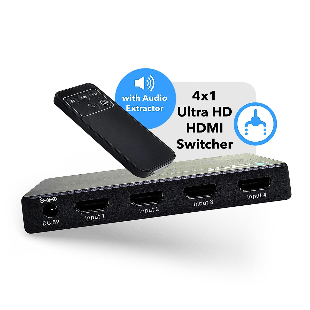 OREI Ultra HD HDMI 4 x 1 Switcher 18G Audio Extractor IR Remote - Supports Upto 4K @ 60Hz - (4 Input, 1 Output) Switch, Hub, Port for Cable, HD TV, Laptop, MacBook & More (UHD-401)