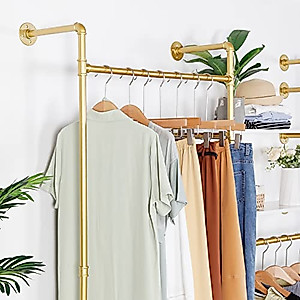 EDCB Gold Clothing Rack Heavy Duty Garment Rack with 4 Tier Shelves, Free-Standing Industrial Pipe Clothes Rack Display Rack On Wall for Hanging Clothes Retail Display, Boutiques