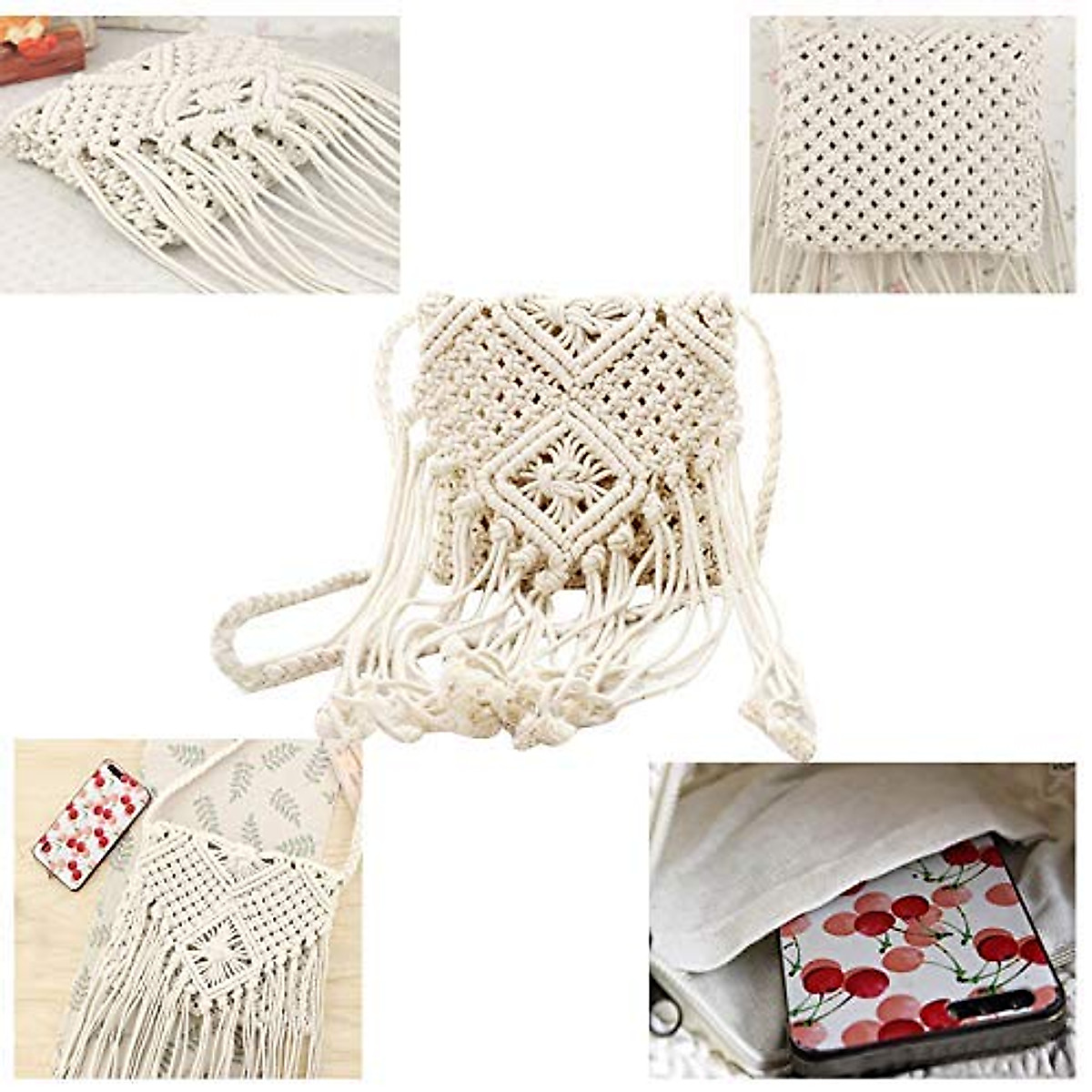Donalworld Women Tassel Shoulder Bag Bohemian Beach Crochet Messenger Bags White