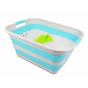 SAMMART 42L Collapsible Plastic Laundry Basket - Foldable Pop Up Storage Container/Organizer - Portable Washing Tub - Space Saving Hamper/Basket (Grey/Cyanine (Set of 2))