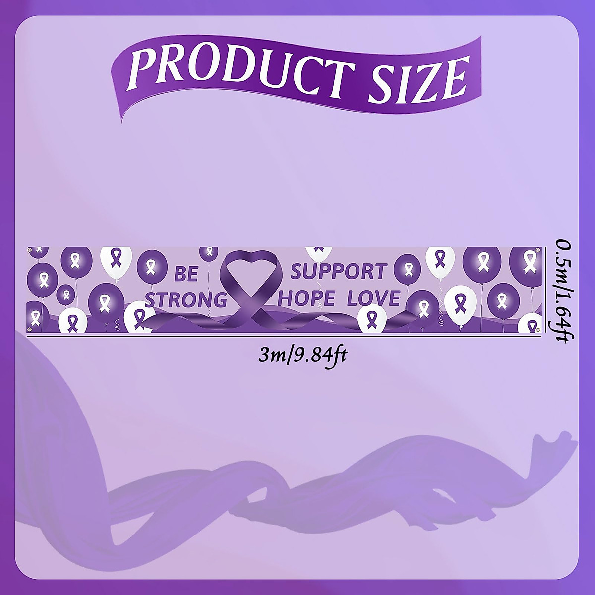 WANDIC 9.84 * 1.64ft Purple Ribbon Pattern Large Banner, 1PC Long Banner Outdoor Hanging Sign Backdrop Decor for Lupus Alzheimer's Pancreatic Cancer Awareness