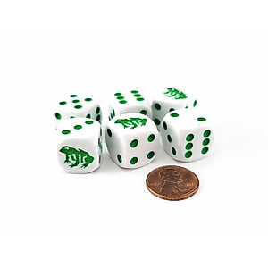 Set of 6 Frog 16mm D6 Round Edged Koplow Animal Dice - White with Green Pips