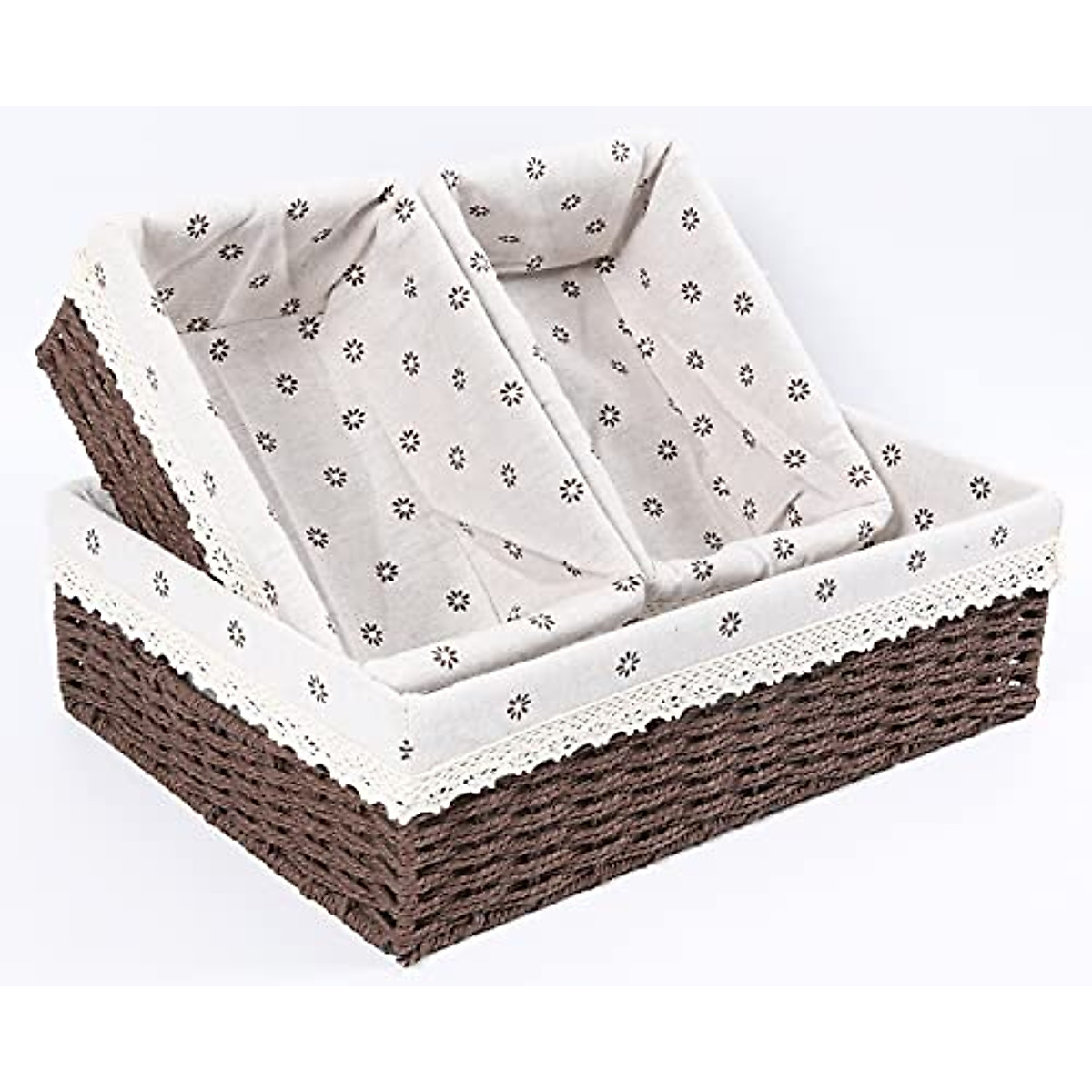 YRJJ Paper Rope Woven Storage Baskets, Delicate Storage Box for ShelvesBathroomKitchenLiving RoomOffice DeskBedroom. (Rectangular-Brown) , Large 13.5x9.8x3.9 Inch, Small 8.6x5.9x3.5 inch.