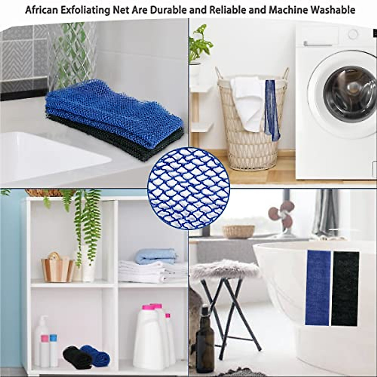 African Net Sponge, 2 Pieces African Exfoliating Net, Premium Nylon African Bathing Sponge Net, African Wash Net for Daily Back Body Scrub Scrubber Shower Net (Black, Blue)