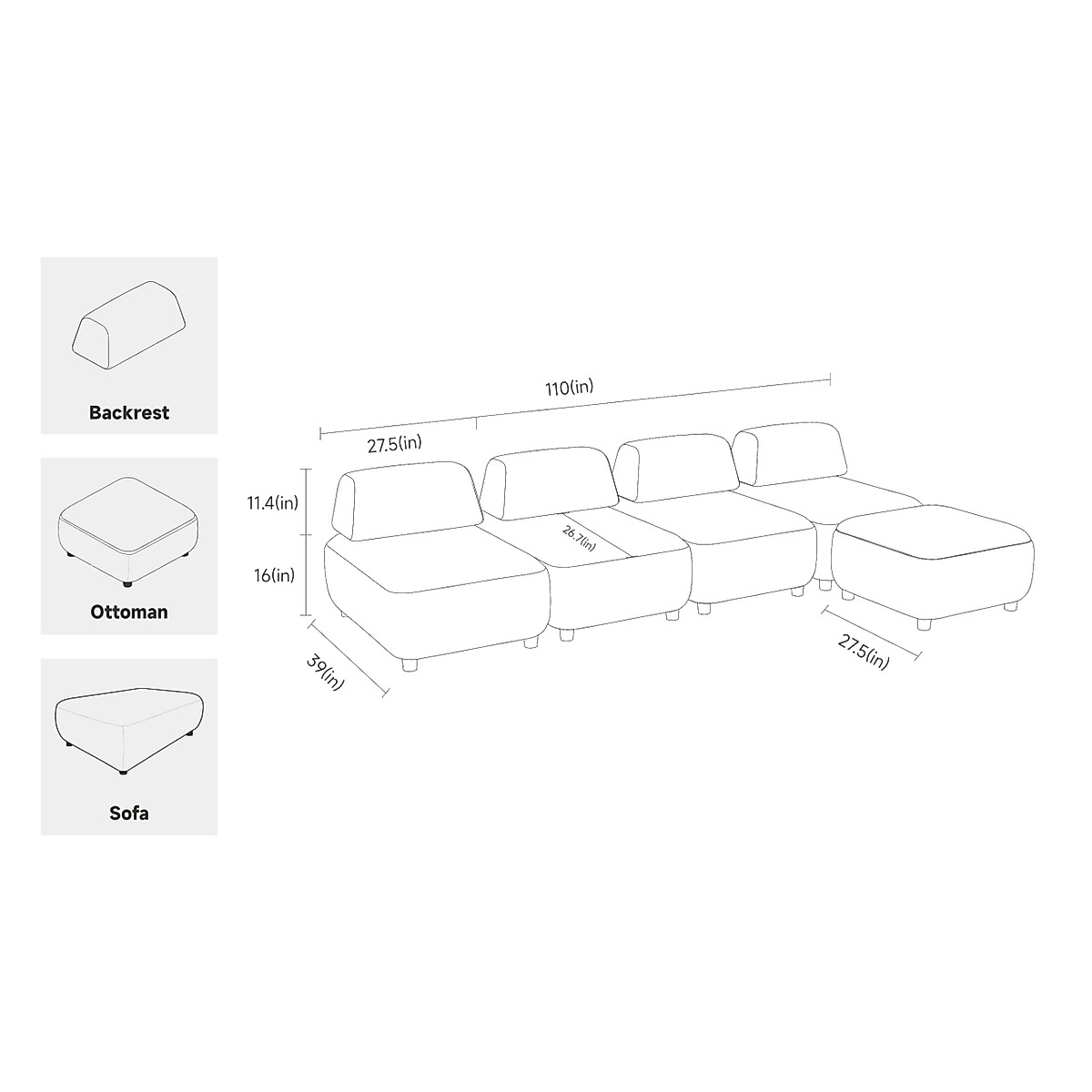 MUT CASA Modular Sectional Sofa, Convertible L Shaped Sectional Sofa Couch with Storage Ottaman, 5 Seat Modular Sofa Couch for Living Room, Beige