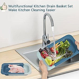 KanYool Over the Sink Strainer Colander Basket Collapsible Extendable Kitchen Food Fruits Vegetables Noodle Pasta Sink Drain Basket Retractable Plastic Adjustable Strainer Over Sink Washing Basket