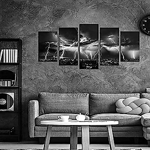 Biuteawal - Black and White Wall Art Nature Lightning Strikes in The Clouds Painting on Canvas Storm and City Night View Picture Print for Home Office Living Room Decoration Wall Decor