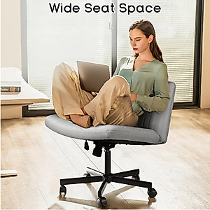 PUKAMI Criss Cross Chair with Wheels,Fabric Padded Armless Cross Legged Office Desk Chair for Home Office,Modern Swivel Height Adjustable Wide Seat Computer Task Vanity Chair(Grey)