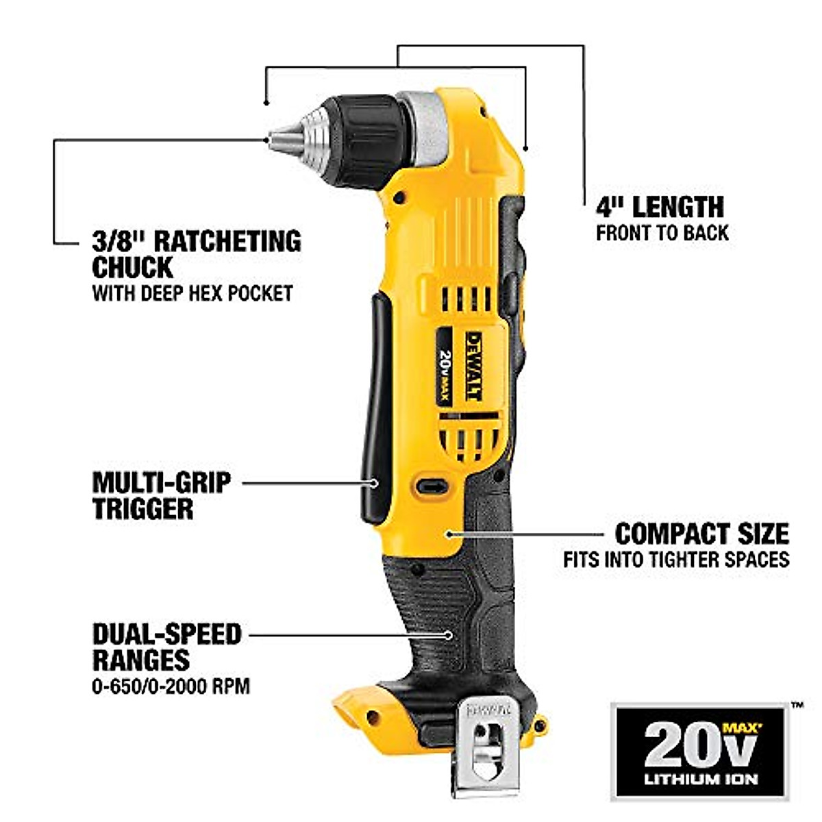 DEWALT 20V MAX* Right Angle Drill, Cordless, Tool Only (DCD740B)