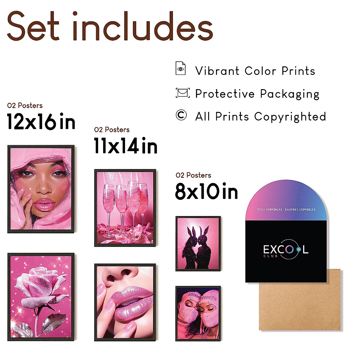 EXCOOL CLUB Pink Room Decor Aesthetic - 12x16 Baddie Room Decor Y2k Collage, Hot Pink Wall Art Prints, Pink Pictures Wall Decor, Trendy Pink Poster Neon Pink Decor for Teen Girls Dorm (UNFRAMED)