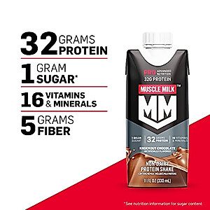 Muscle Milk Pro Advanced Nutrition Protein Shake, Knockout Chocolate, 11 Fl Oz Carton, 12 Pack, 32g Protein, 1g Sugar, 16 Vitamins & Minerals, 5g Fiber, Workout Recovery, Packaging May Vary
