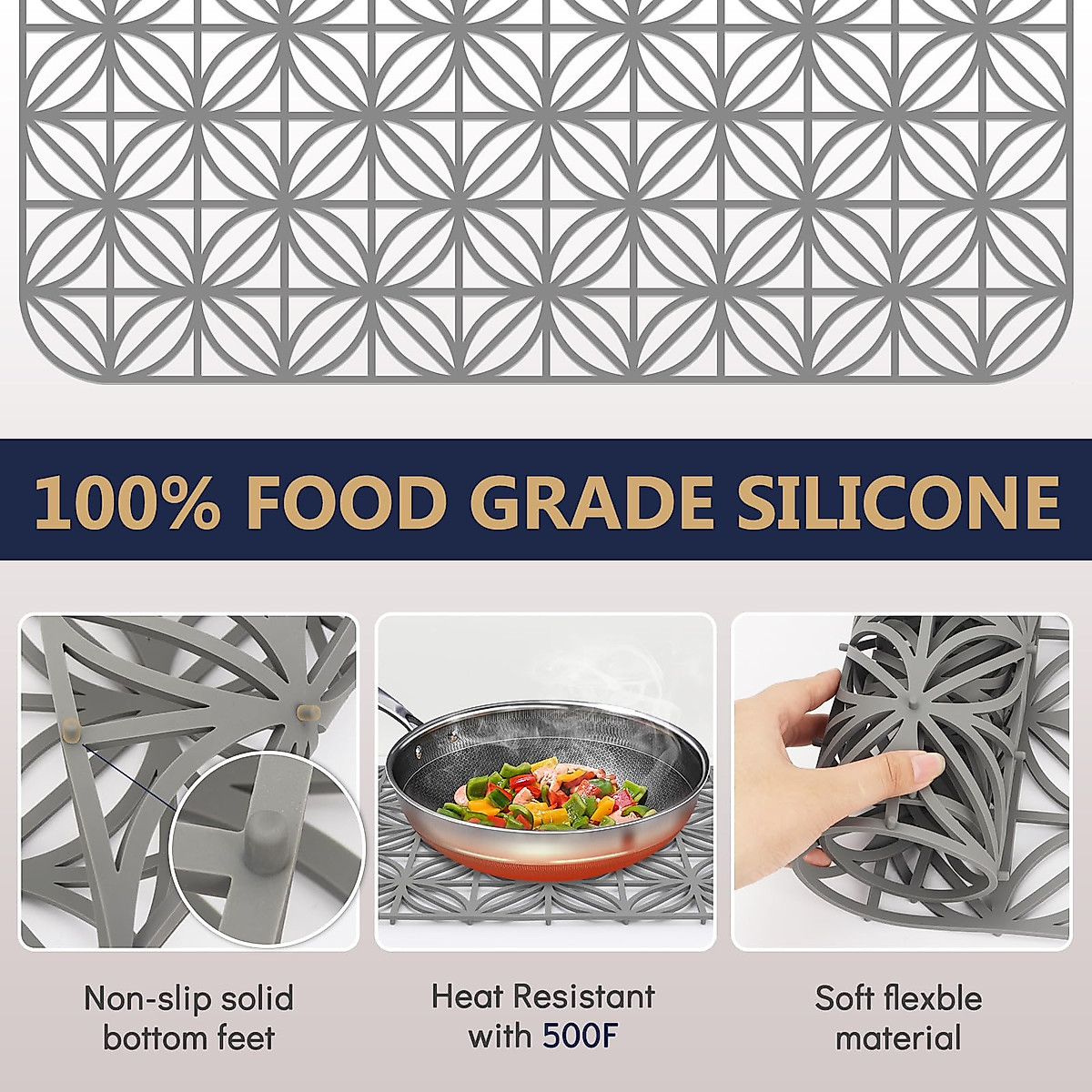 Sink Protectors for Kitchen Sink, 28.3"x 14.3" Large Non-slip Silicone Sink Mat, Heat Resistant Sink Matt Grid Cuttable Drain Openings, Sink Protectors for Stainless Steel Bottom of Kitchen Sink