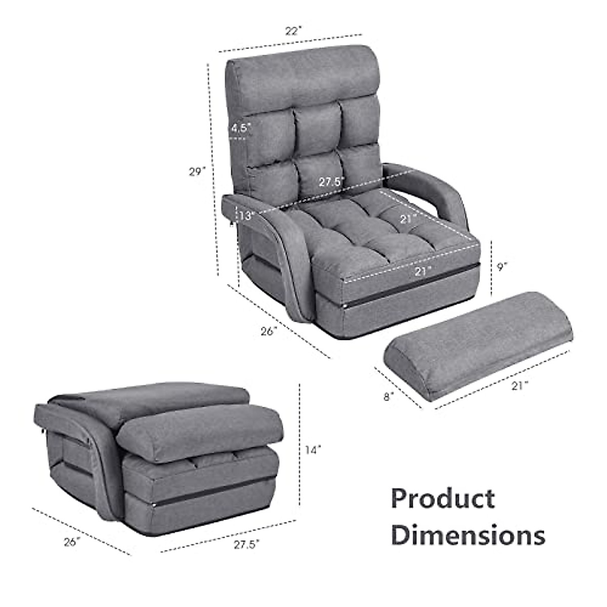 Giantex Folding Lazy Sofa Floor Chair, Indoor Chaise Lounger Bed with 6 Adjustable Position, Pillow Living Room Lounge Couch(Gray)