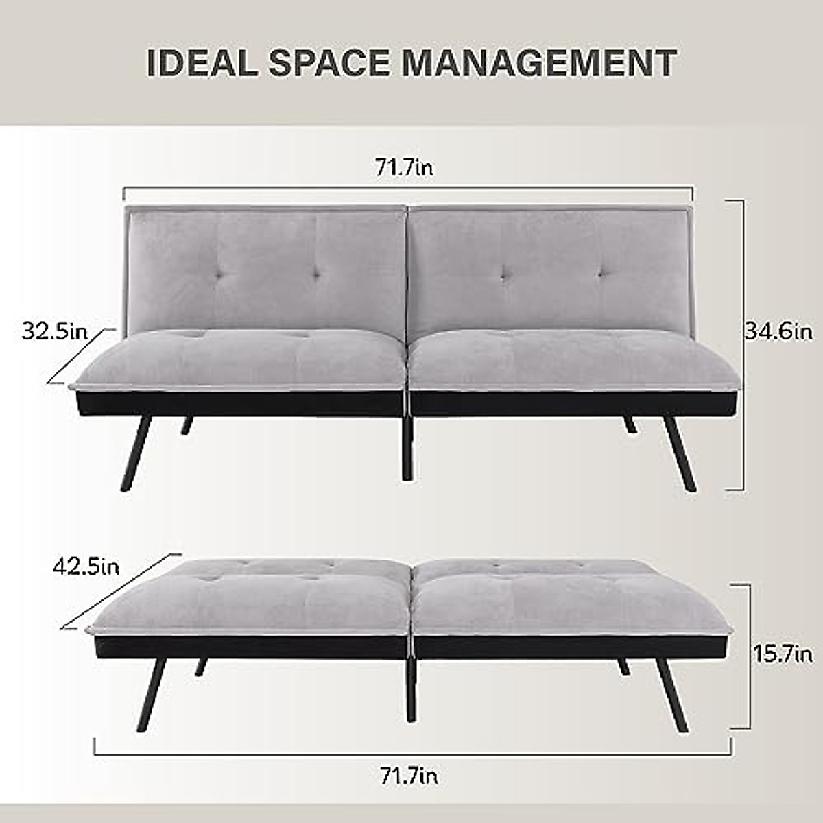 CH CHARME HOUSE Convertible Bed, Multi-Functional Design futon Couch with Adjustable Backrest, Modern Sleeper Sofa for Office, Living Room and Bedroom, Grey
