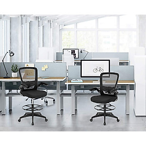 Drafting Chair Tall Office Chair Adjustable Height with Lumbar Support Flip Up Arms Footrest Mid Back Task Mesh Desk Chair Computer Chair Drafting Stool for Standing Desk, Black