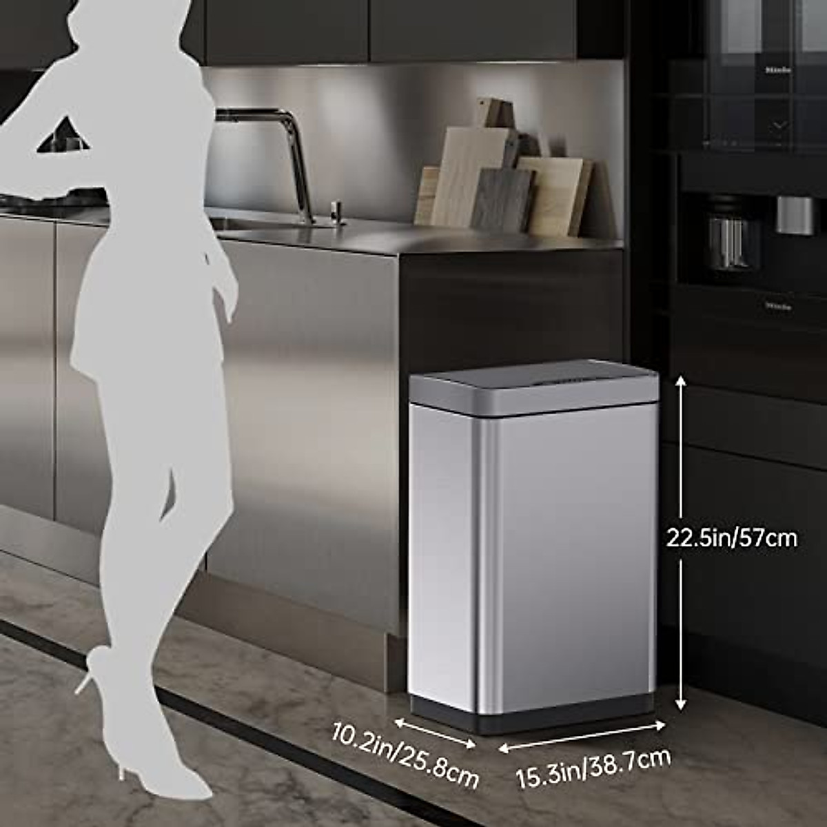 Mbillion Touchless Infrared Motion Sensor Trash Can 13.2 Gallons, Rectangular Stainless Steel Finish Hands-Free Automatic Open Smart Garbage Can for Home and Office Steel Brushed