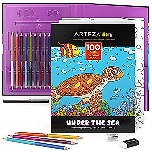 Arteza Kids Coloring Book and Pencils Kit, 8.5x11 Inches, Sea Creature Illustrations, 50 Double-Sided Coloring Sheets, 100-lb Paper, 12 Double-Ended Colored Pencils in 24 Colors, Art Supplies for Kids