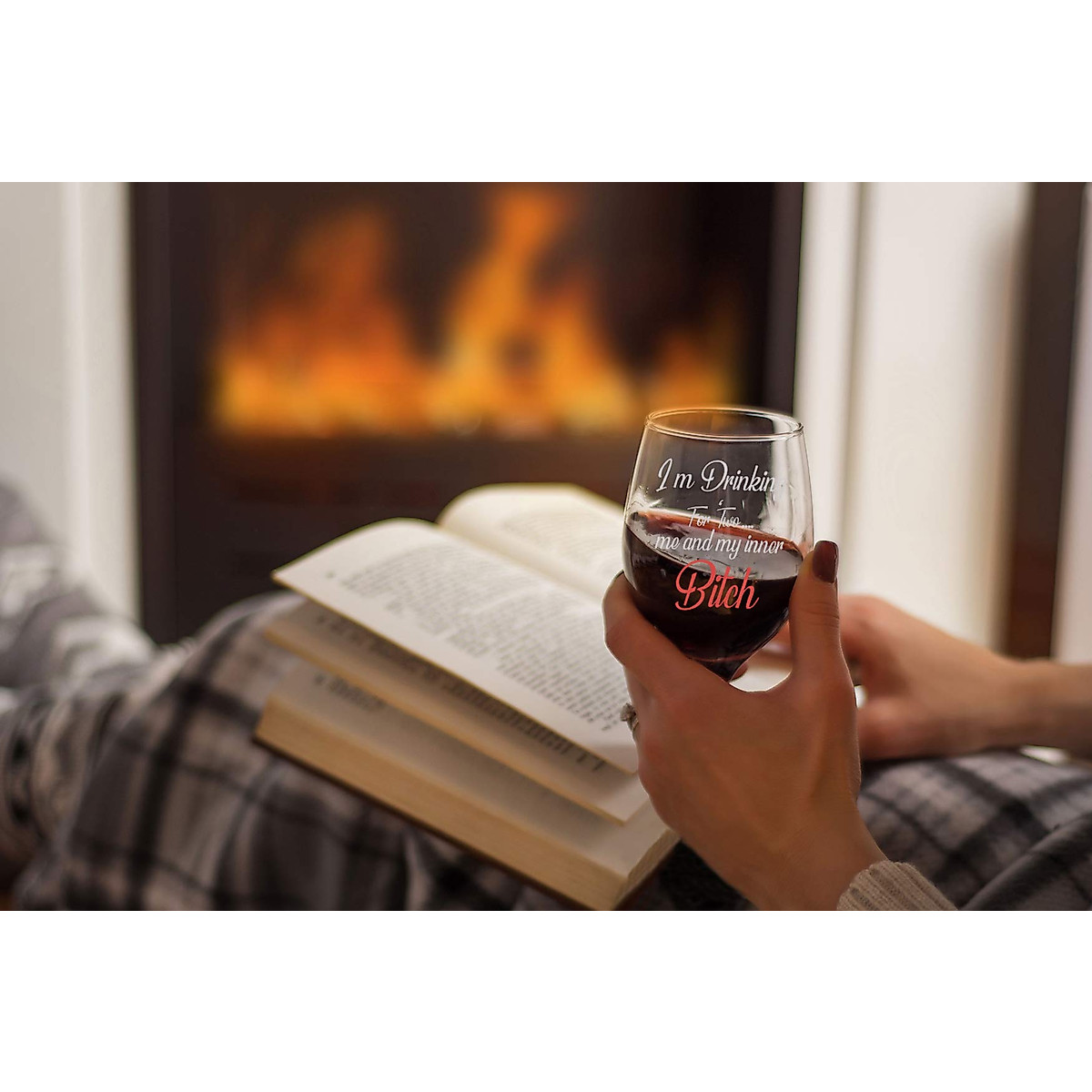 AW Fashions I'm Drinking For Two Me And My Inner Bitch Funny 15oz Crystal Stemless Wine Glass - Fun Wine Glasses with Sayings Gifts For Women, Her, Mom on Mother's Day Or Christmas