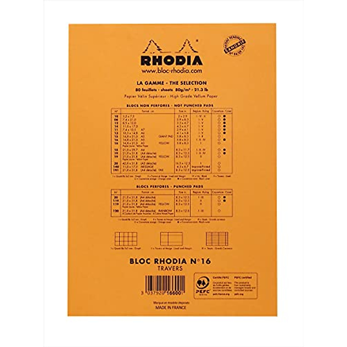 Rhodia Classic French Paper Pads Ruled with Margin 6 in. x 8 1/4 in. Orange (16600C)