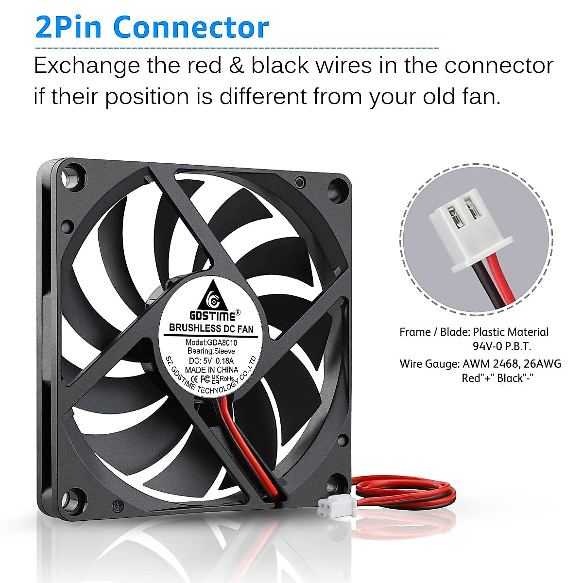 Gdstime 80mm x 80mm x 10mm DC 5V Brushless Cooling Fan 2PIN