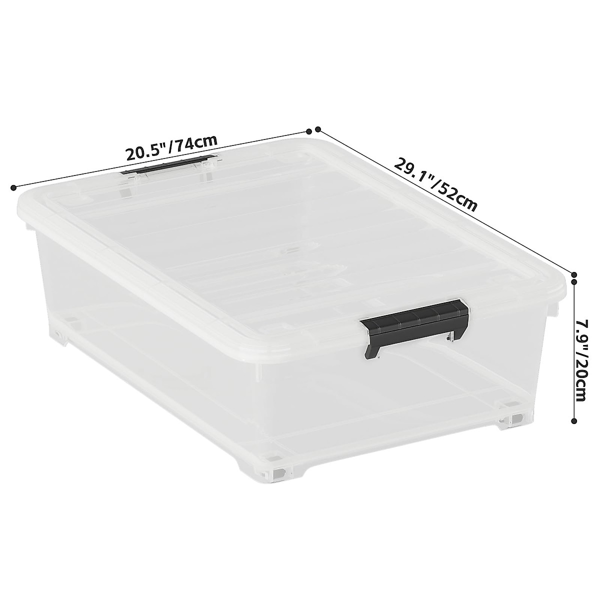 Ponpong 52 Quart Large Plastic Underbed Latching Storage Box, Clear Wheeled Under Bed Storage Bins, 3 Packs