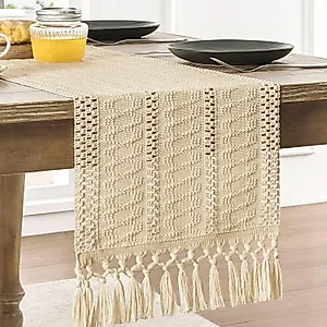 ZeeMart Macrame Style Boho Table Runner, Beige Table Runners 72 Inches Long, Farmhouse Woven Home Decor, 12x72 Inch, Beige